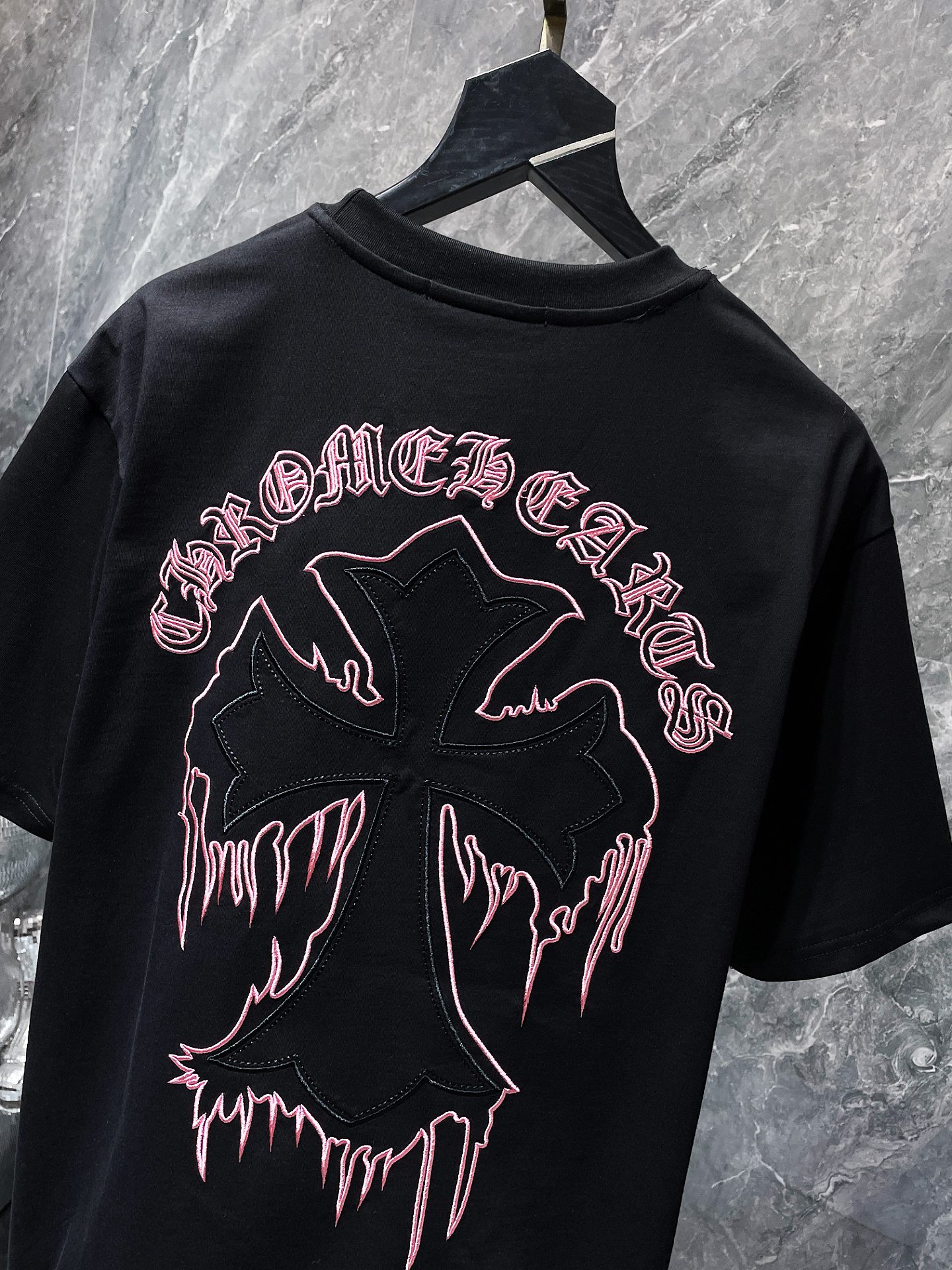 Chrome Heart Paw Print Cross Sanskrit Letter Patch Embroidered Tee 2 colors