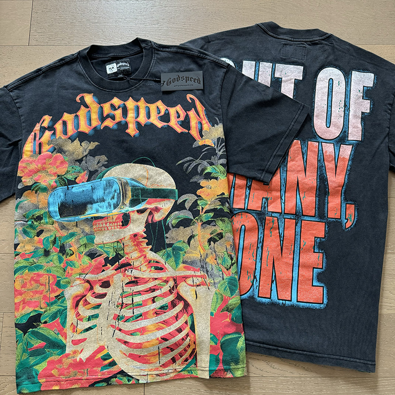 Godspeed Skull Playing Baseball Printed Washed Version Tee T-Shirt