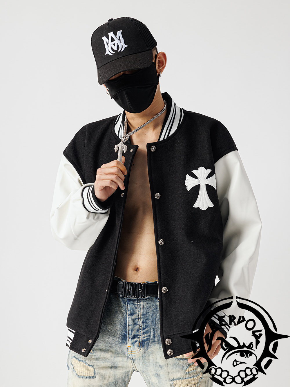 US$ 94.91 - Black Cross Embroidered Patchwork Leather Jacket - www ...