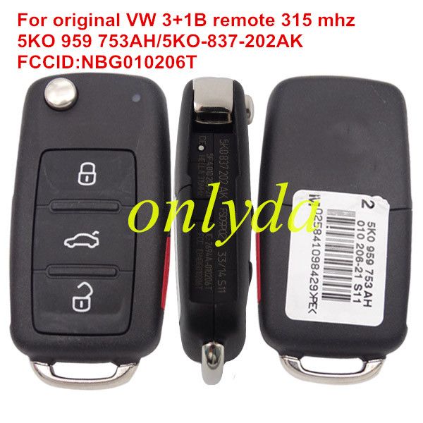 For VW 3+1 button remote key with 315 mhz Model Number is 5KO 959 753AH ...