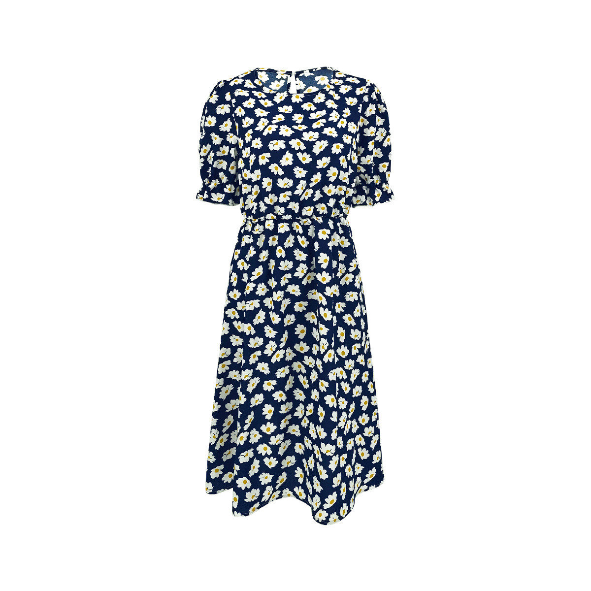 Trendy Crew Neck A-Line Daisy Blue Print Midi Dress