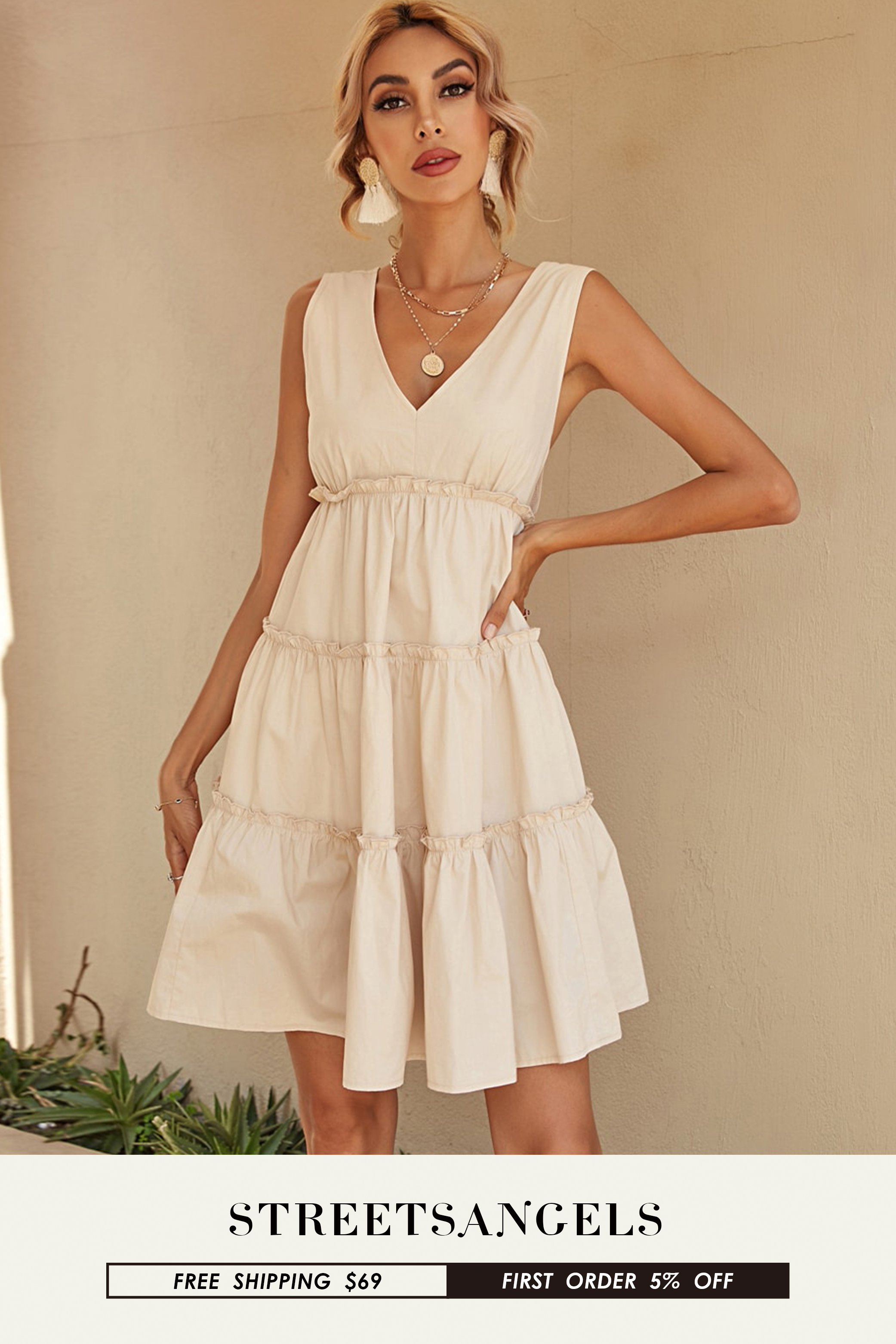 Solid Color V-Neck Sleeveless Stitching Big Swing Wood Ear Mini Dresses