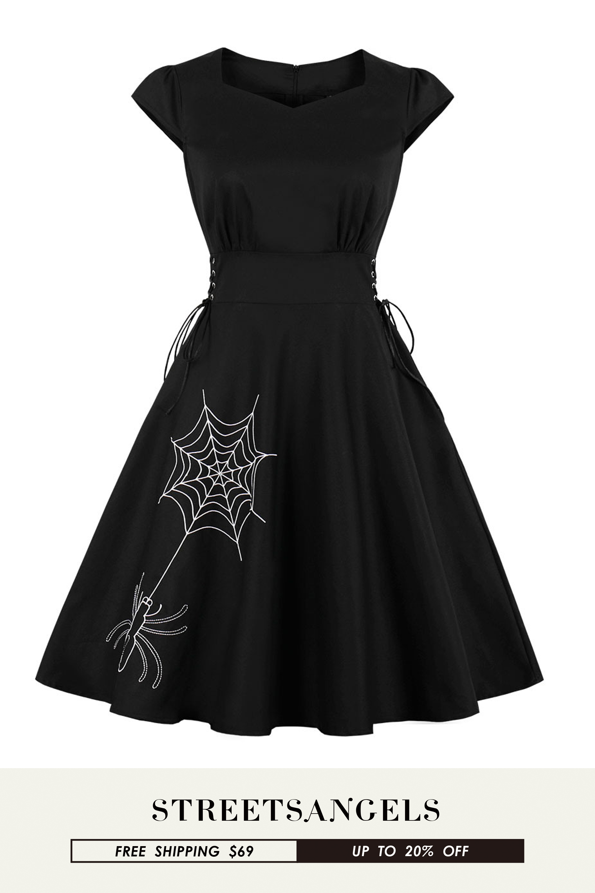 Halloween Swing Neck Neck Waist Embroidered Vintage Dress