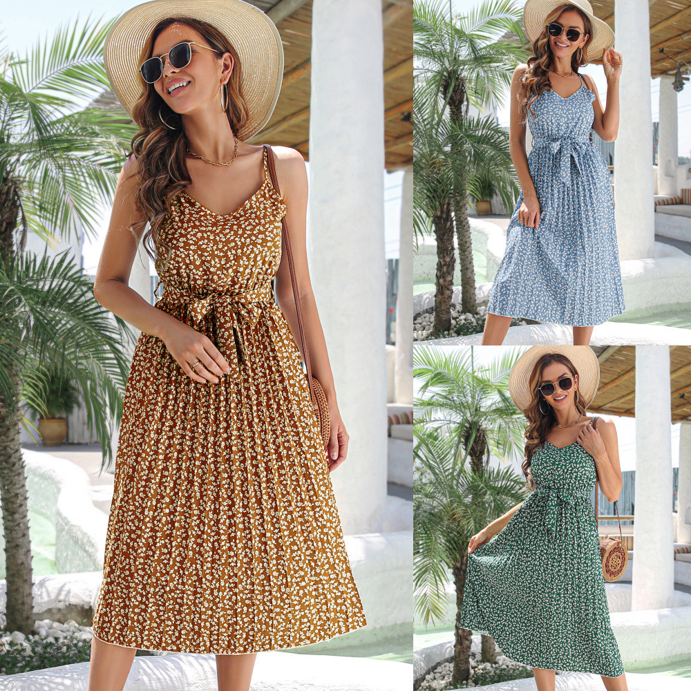 New Spring and Summer Casual Floral Dress Lace Up Medium Length Large ...