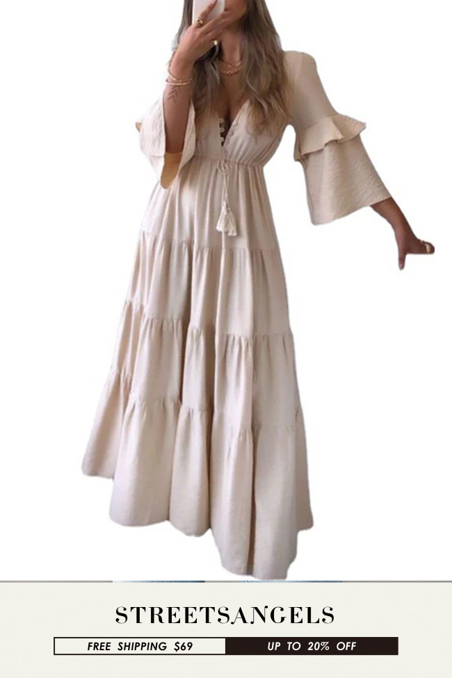 Fashion Pleated Casual Flared Sleeve V Neck Solid Color Maxi Dress