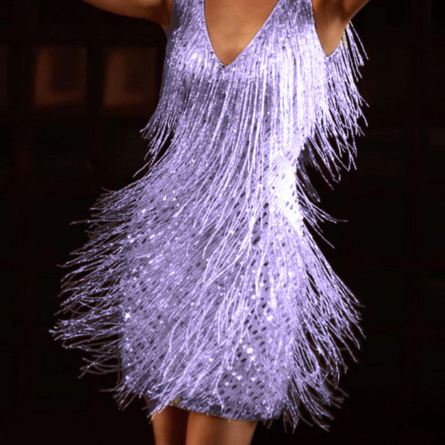 Women's Sequined Fringe Sexy Deep V Sleeveless Party Mini Dress