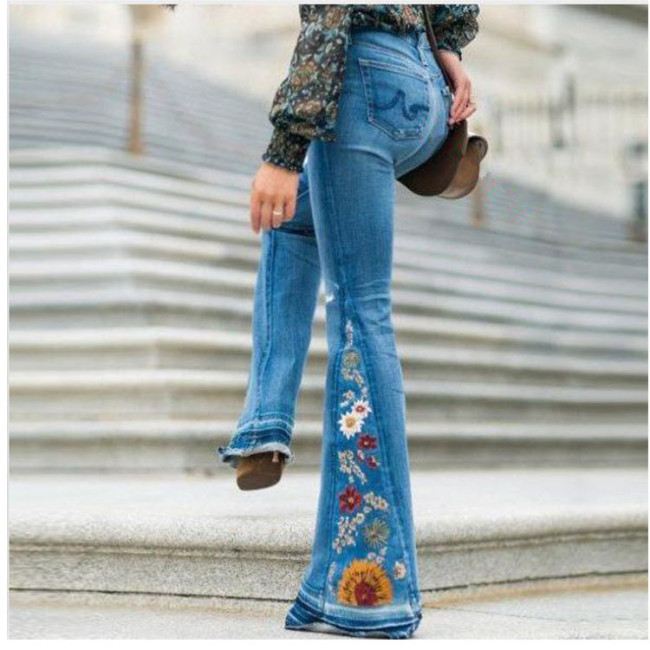 Fashion Slim Embroidered Denim Bell-Bottom Jeans
