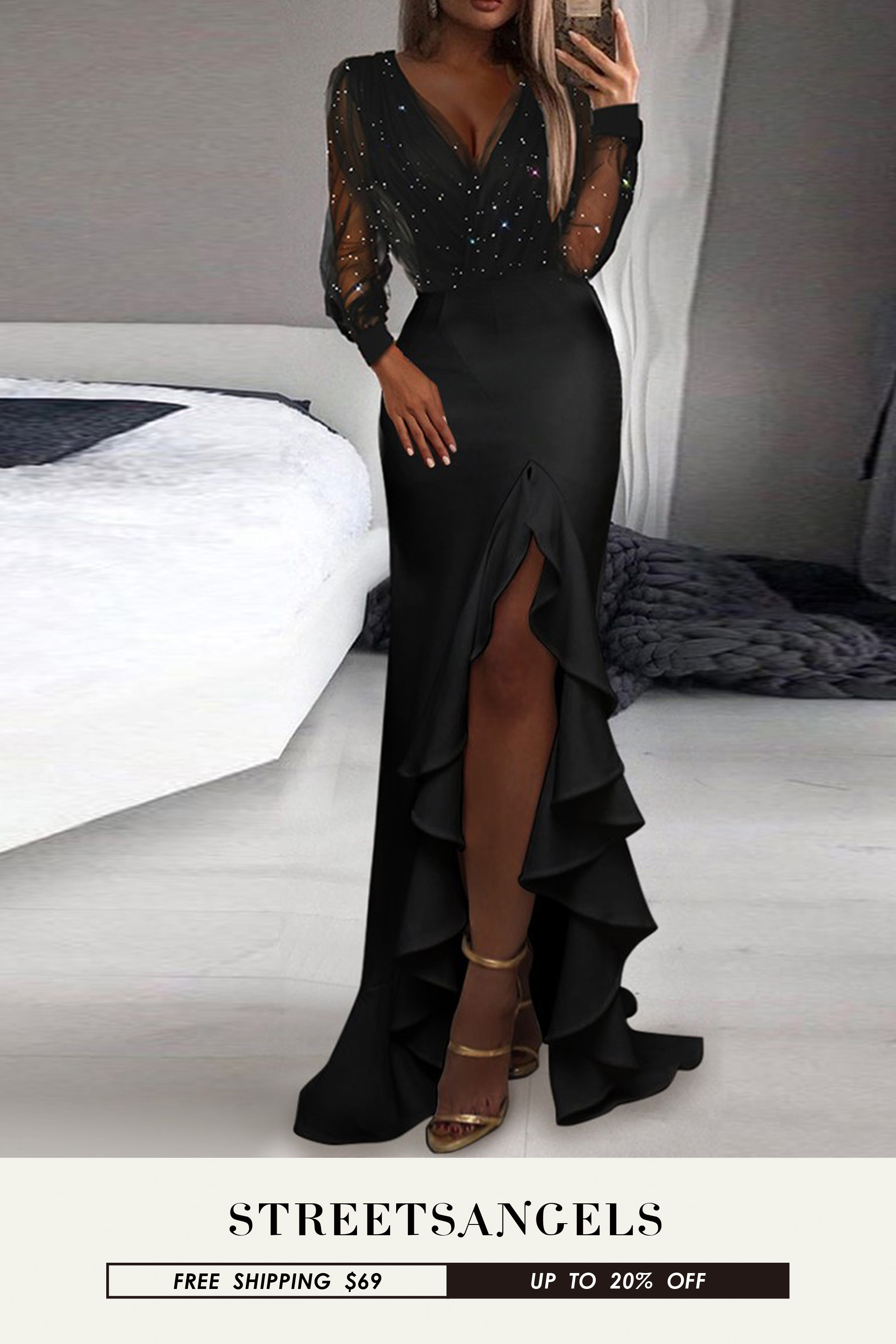 Fashion Glitter Transparent Mesh Ruffle Sexy Elegant Party Evening Dress