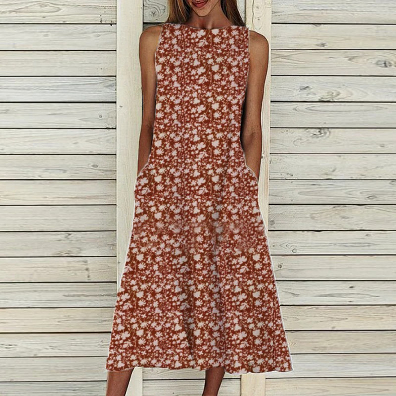 Fashion Retro Casual O Neck Sleeveless Loose Boho Midi Dress