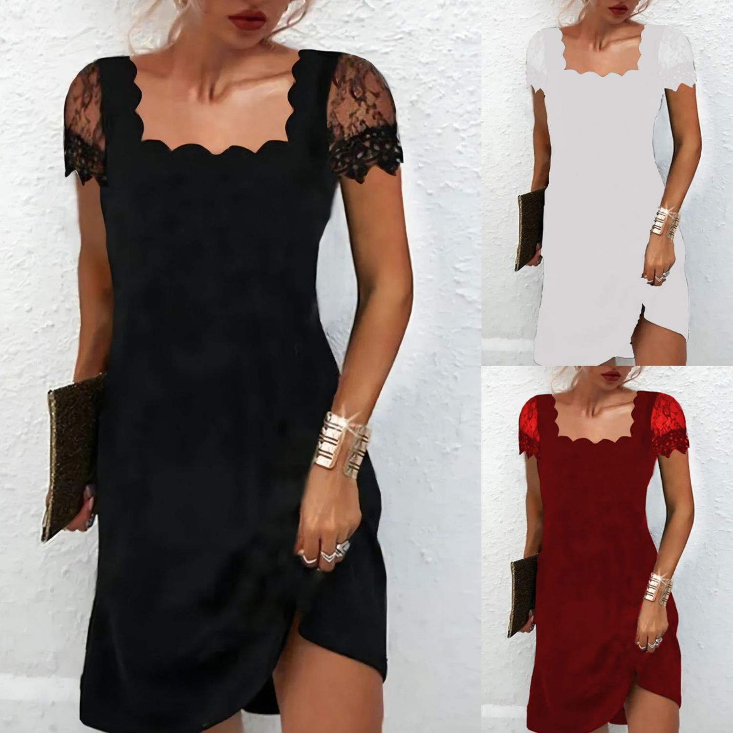 Fashion Print Sexy Lace V-Neck Solid Color Elegant Party Casual Dress