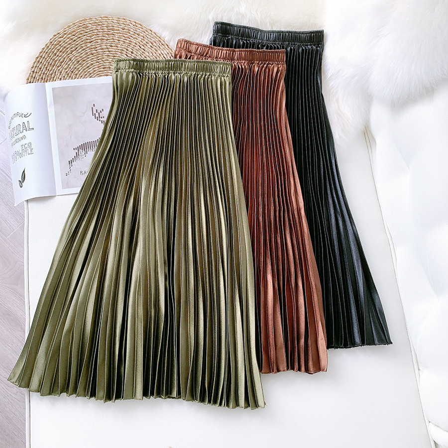 High Waist Satin Pleated Vintage A-Line Mid Length Skirts