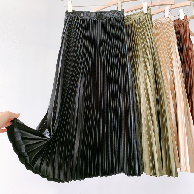 High Waist Satin Pleated Vintage A-Line Mid Length Skirts