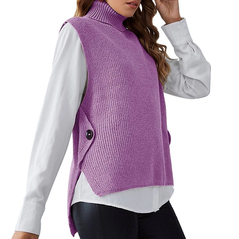 Fashion Solid Knitted Loose Comfortable High-neck Sleeveless Sweater Vests