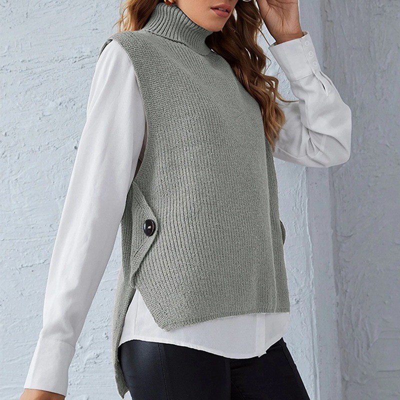 Fashion Solid Knitted Loose Comfortable High-neck Sleeveless Sweater Vests