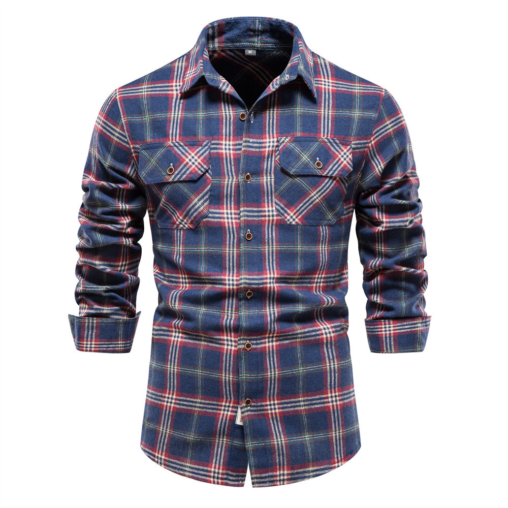 Fashion Pocket Flannel Men's Plaid Long Sleeve Shirt