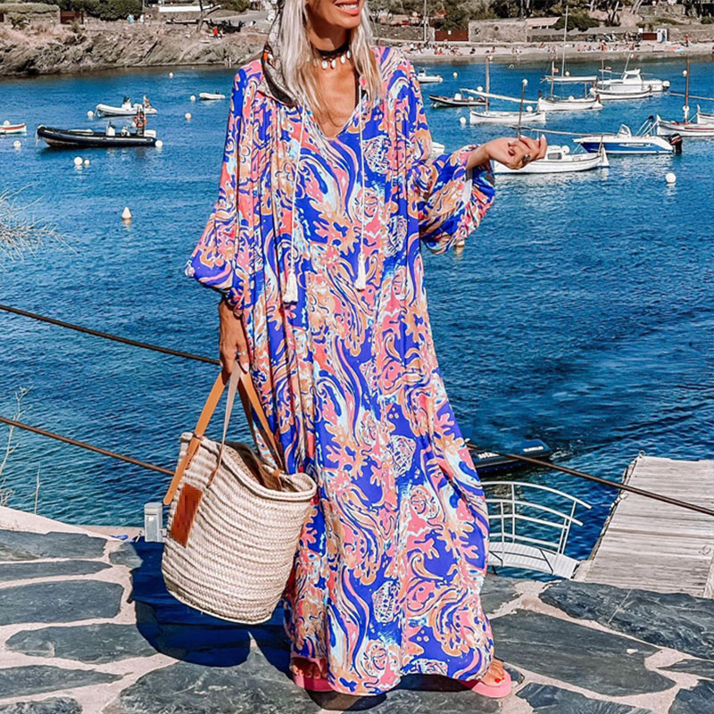 Printed Chic V-Neck Drawstring Loose Casual Fringe Boho Maxi Dress