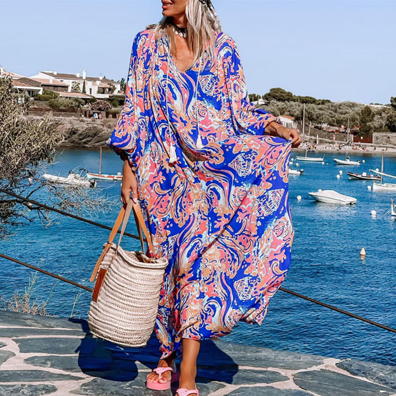Printed Chic V-Neck Drawstring Loose Casual Fringe Boho Maxi Dress