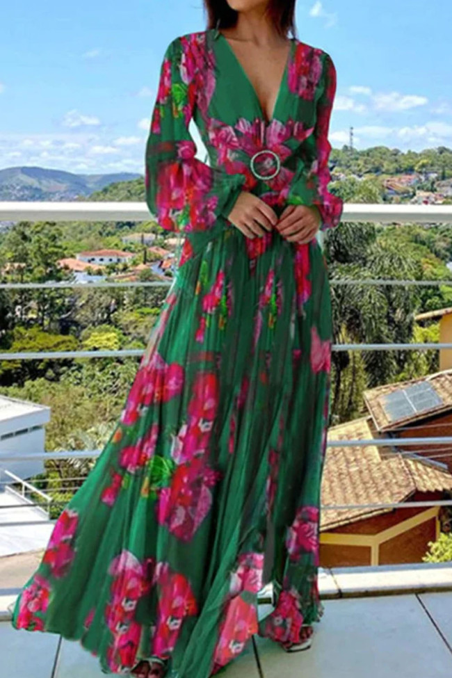 Elegant Printed Chiffon Party Dress Women Sexy V-neck Split Boho Long Dress Casual Long Sleeve ...