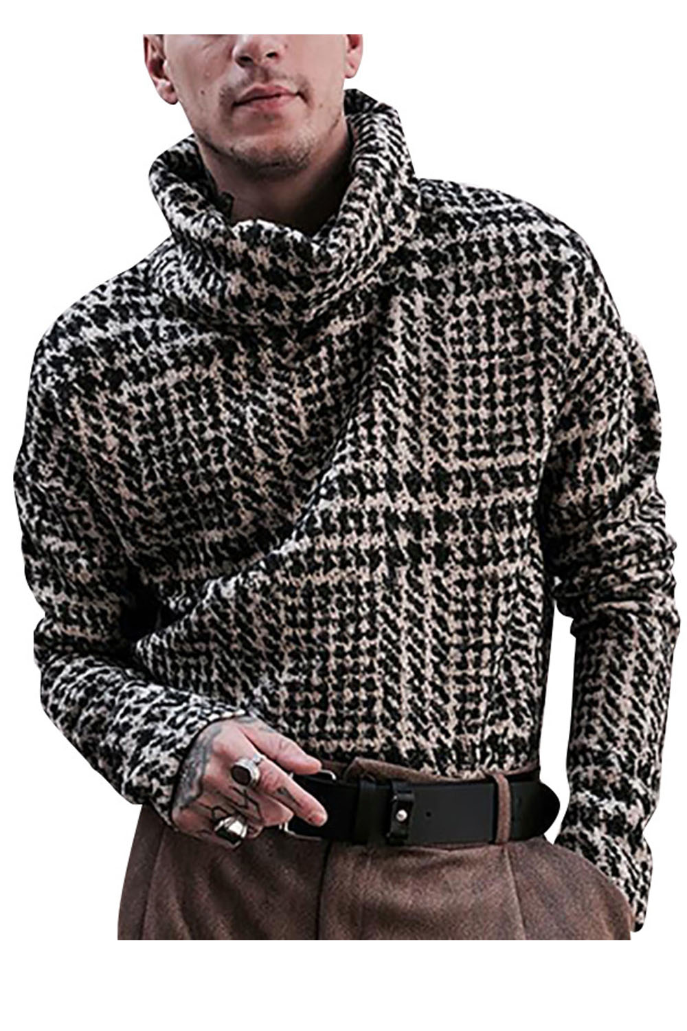 Top Grade Houndstooth Turtleneck Hoodie For Men Casual Long Sleeve ...