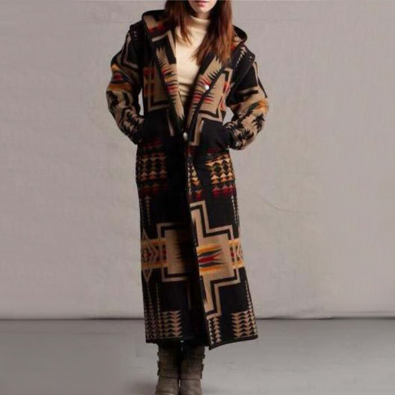 Fashion Ethnic Style Printed Hooded Long Coat Loose Outwear
