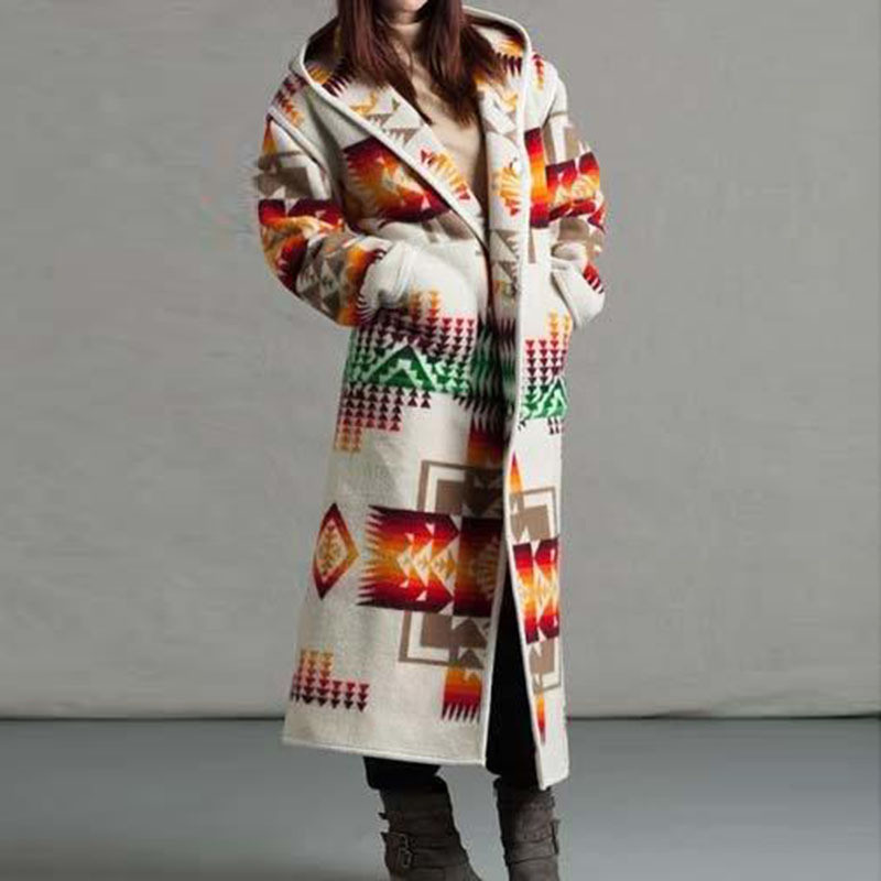 Fashion Ethnic Style Printed Hooded Long Coat Loose Outwear