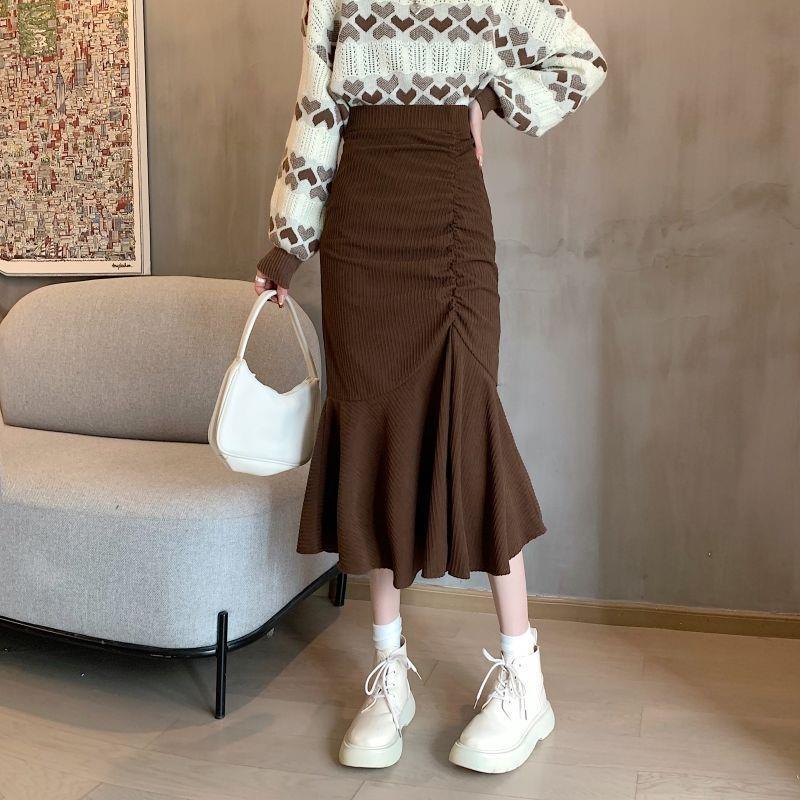 Fashion Corduroy High Waist Slim Mermaid Ruffle Solid Color Skirts