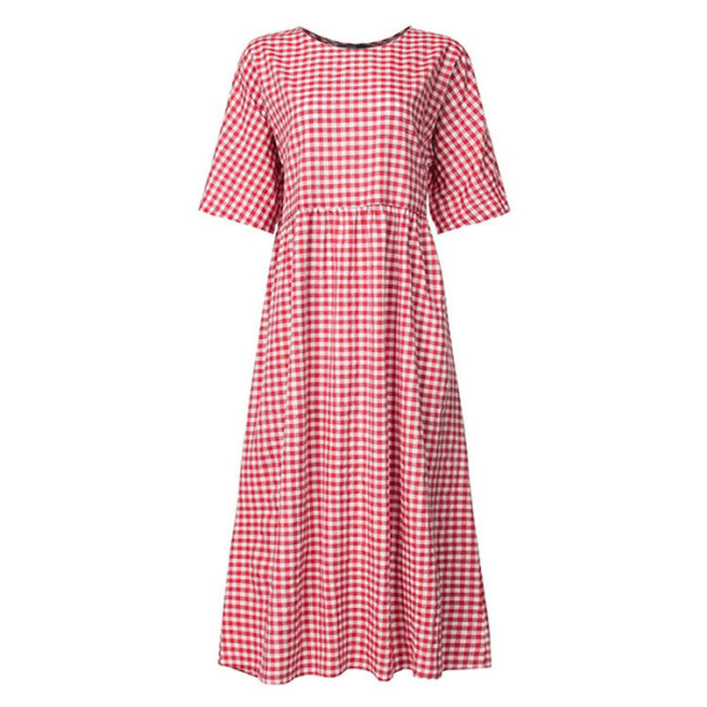 Fashion Plaid Casual Temperament Round Neck Swing Maxi Dress