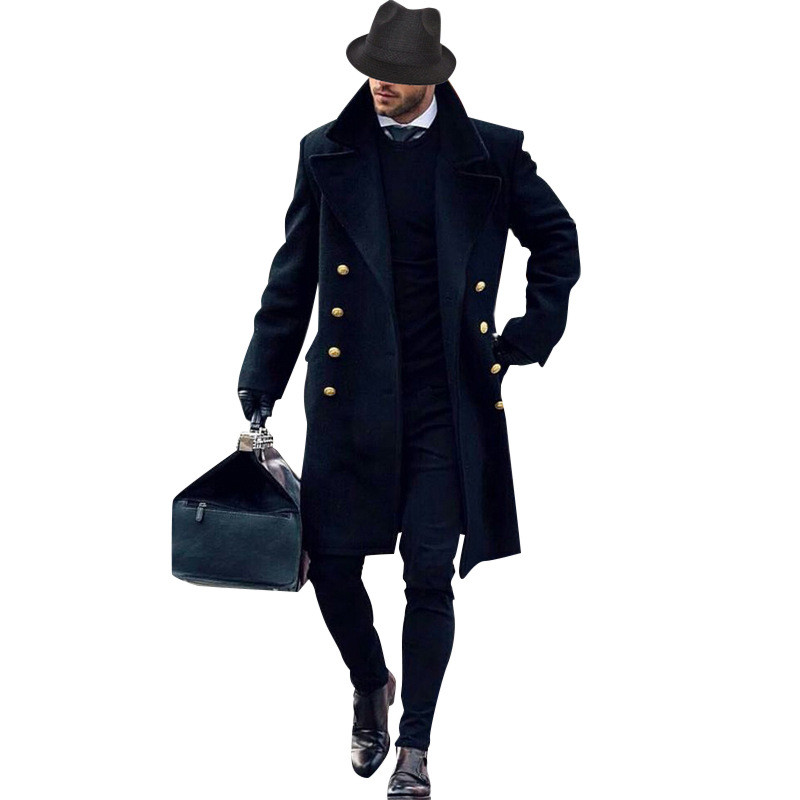 Casual Long Solid Color Men's Coat Men's Double Breasted Thick Wool Coat