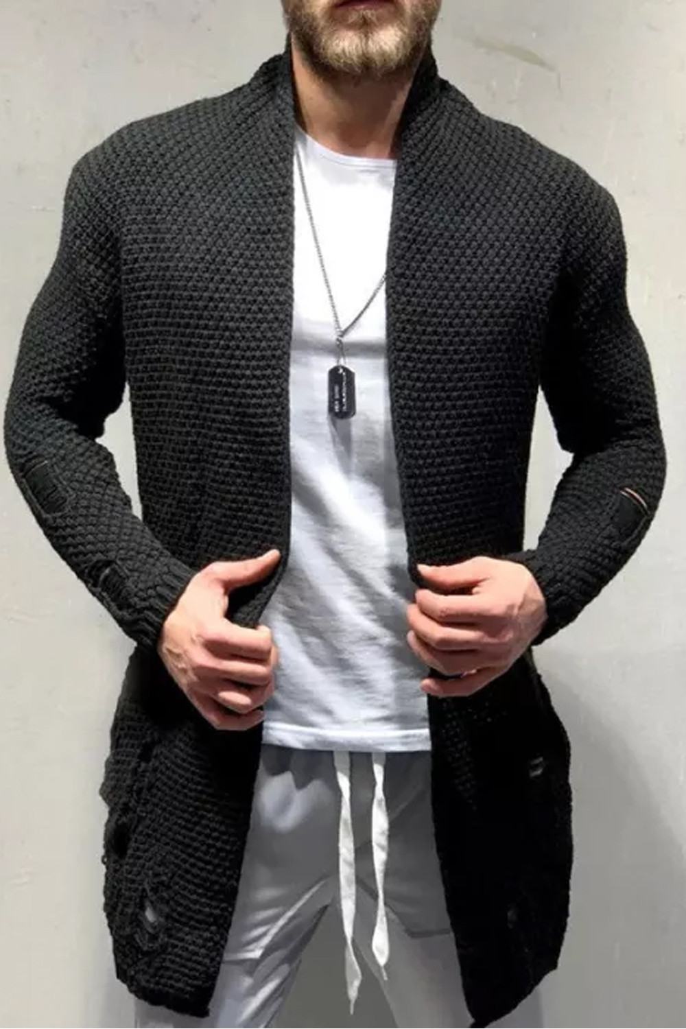 Men's Ripped Open Front Knit Casual Long Cardigan