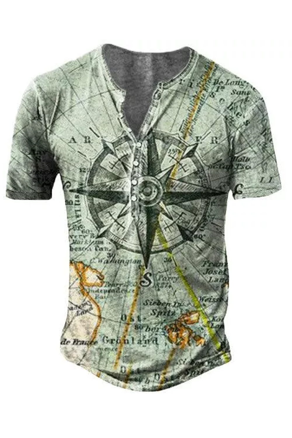 Mens Vintage Nautical Map Compass Henry Collar T-Shirt Tee