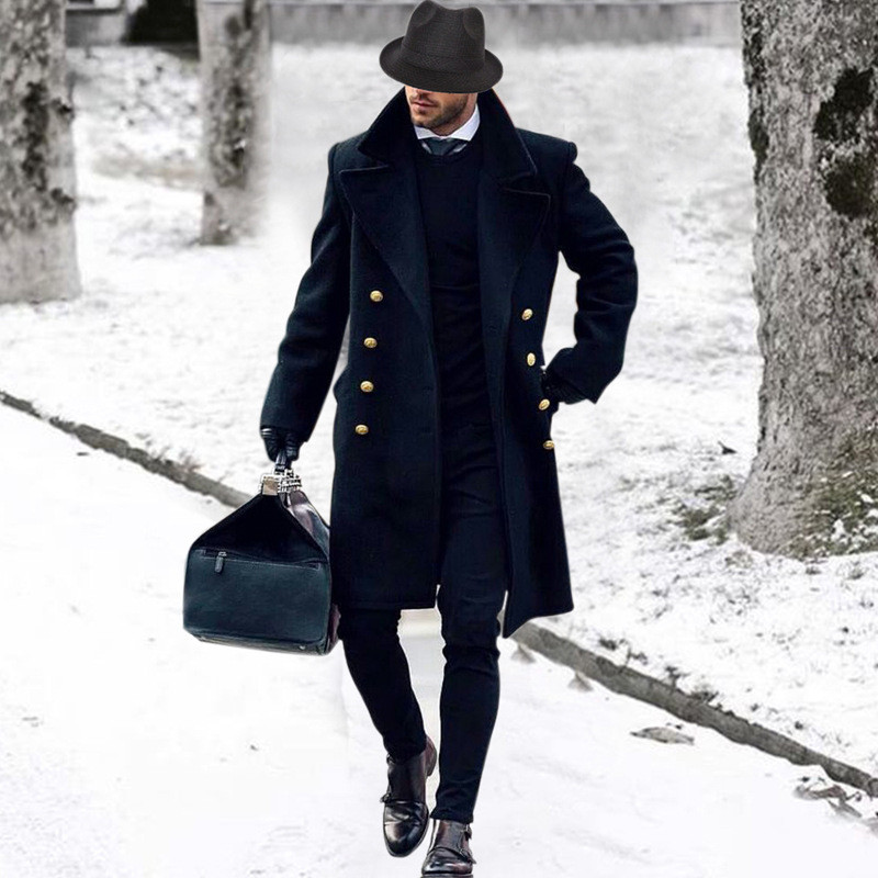 Casual Long Solid Color Men's Coat Men's Double Breasted Thick Wool Coat