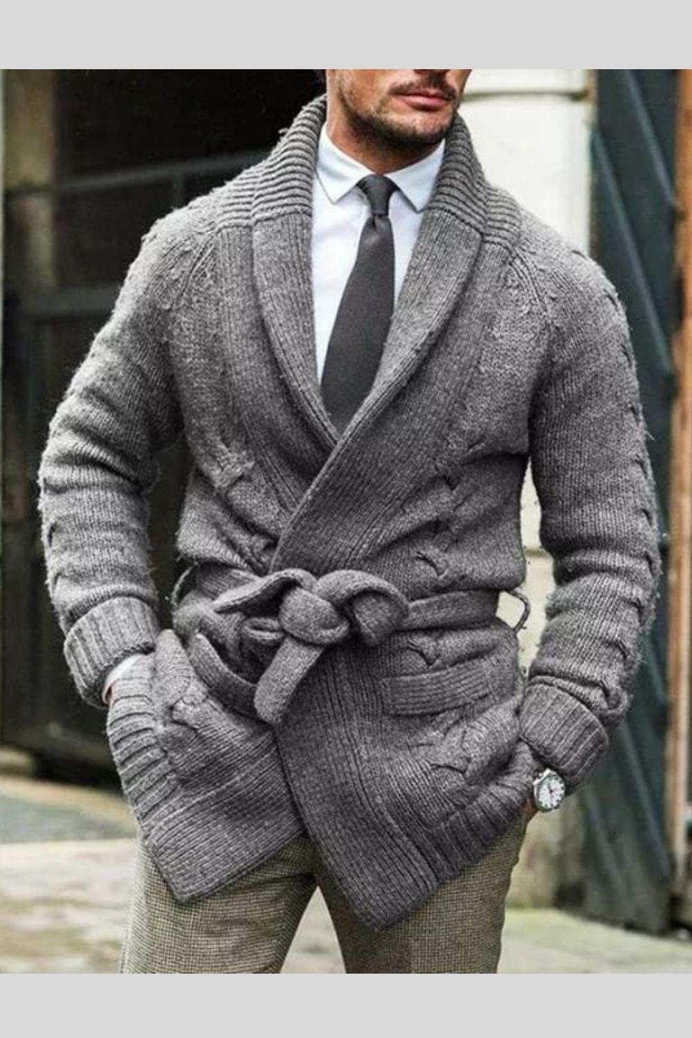 Mens Lapel Belted Coat Knit Outwear Chunky Cardigan