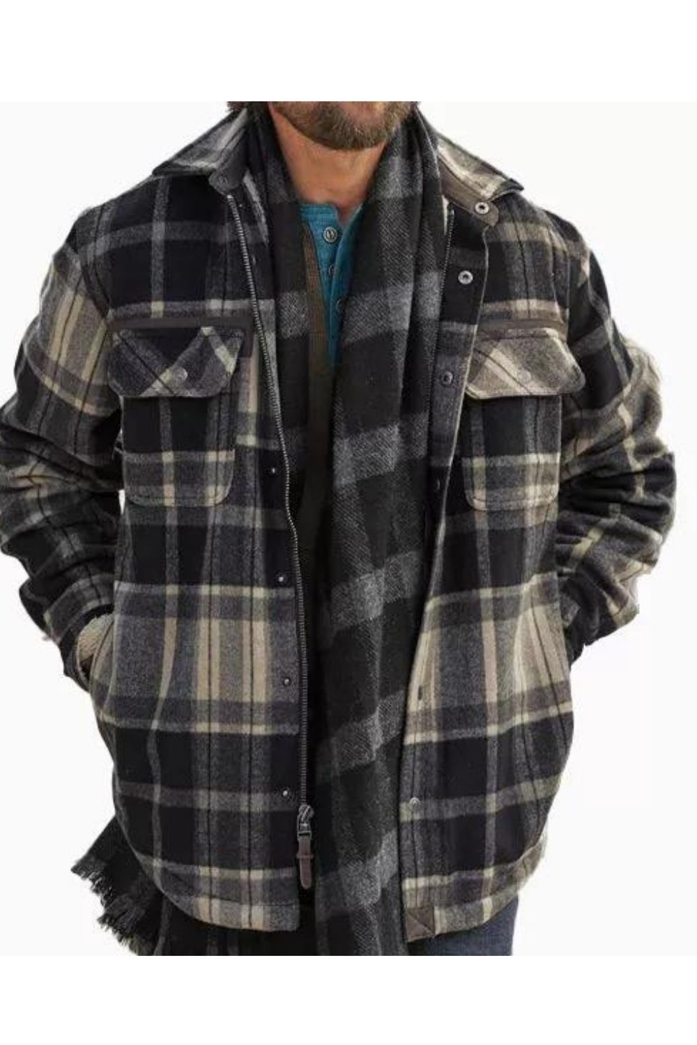 Men's Vintage Lapel Zip Up Grey Plaid Flannel Shirt Jacket