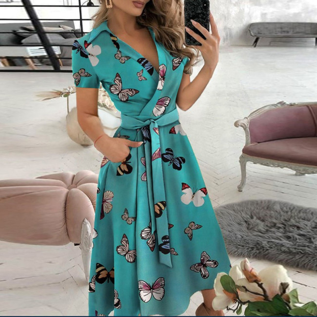 Elegant Short Sleeve Casual V-neck Letter Print Pocket Dresses