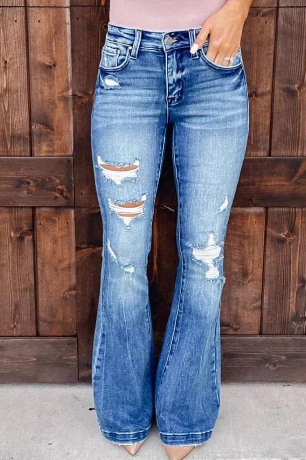 Fashion Mid Rise Distressed Flared Wide Leg Ripped Jeans