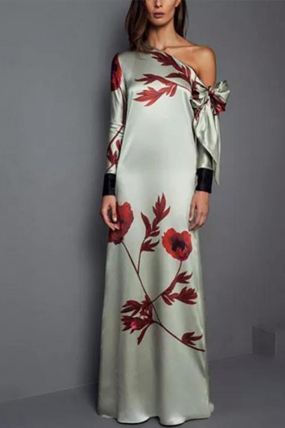 Fashion Floral Print Straight Off Shoulder Bow Casual Party Maxi Dress