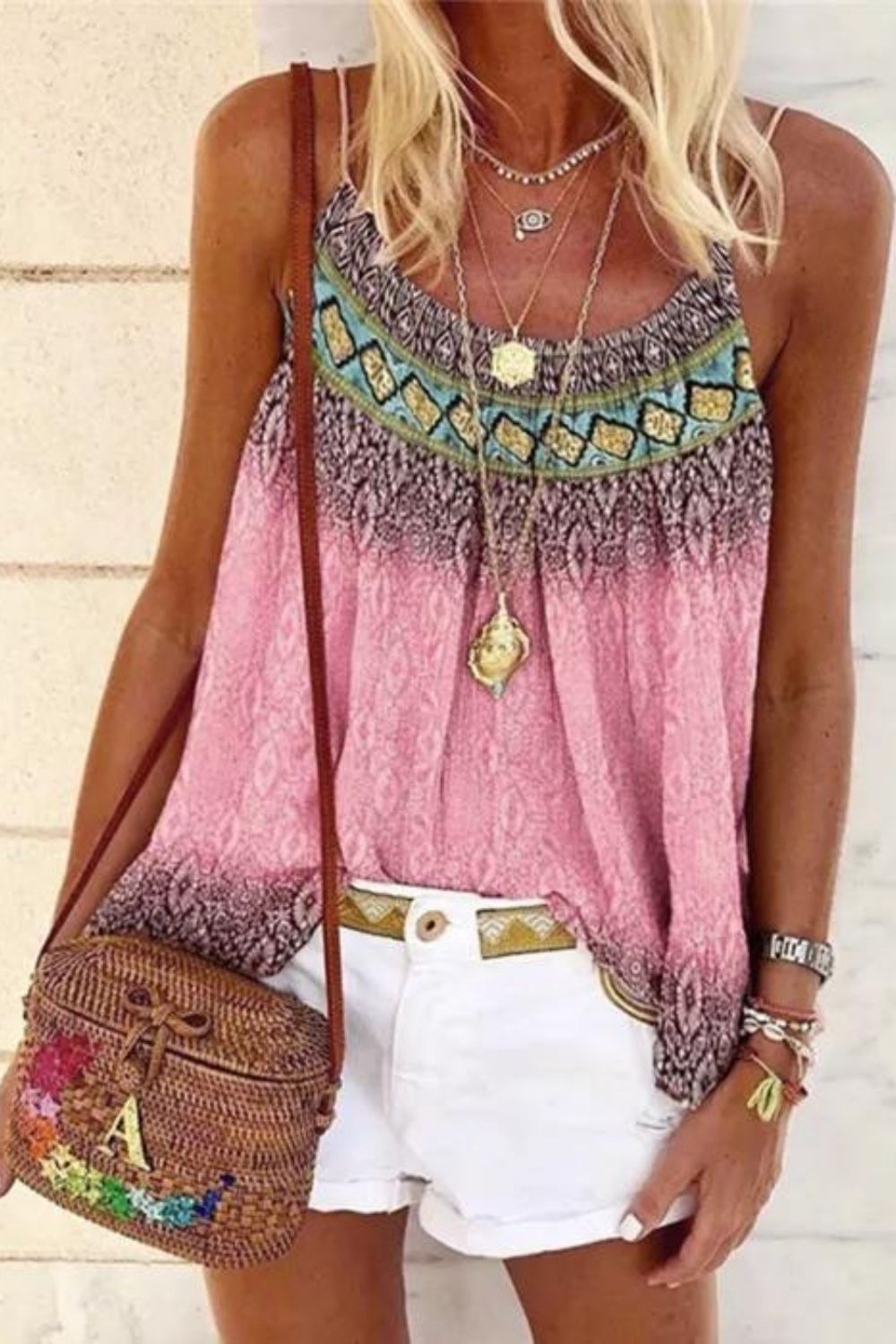 Fashion Casual T-Shirt Sleeveless Loose Bohemian Print Blouses & Shirts