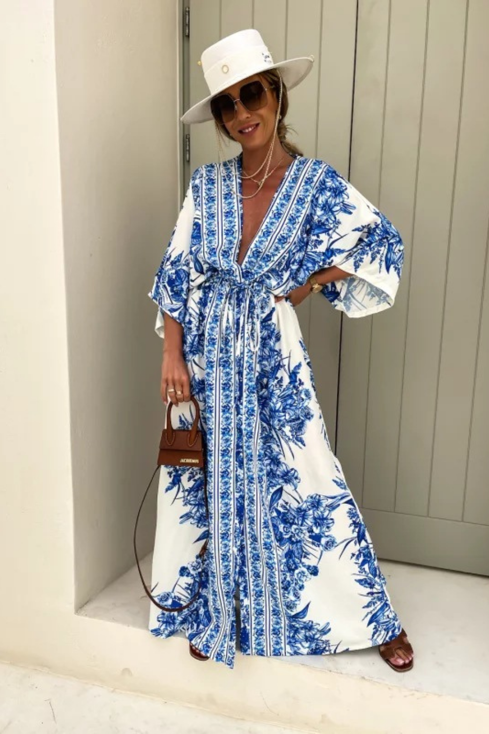 Casual Floral Print Deep V-Neck Drawstring Waist Beach Style Ankle ...