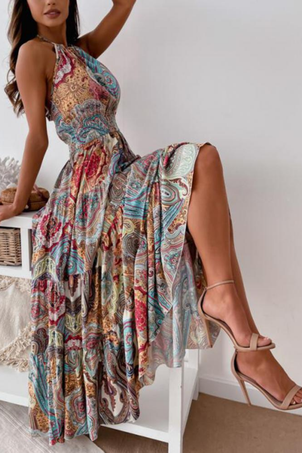 Vintage Bohemian Print Backless Off Shoulder Dress