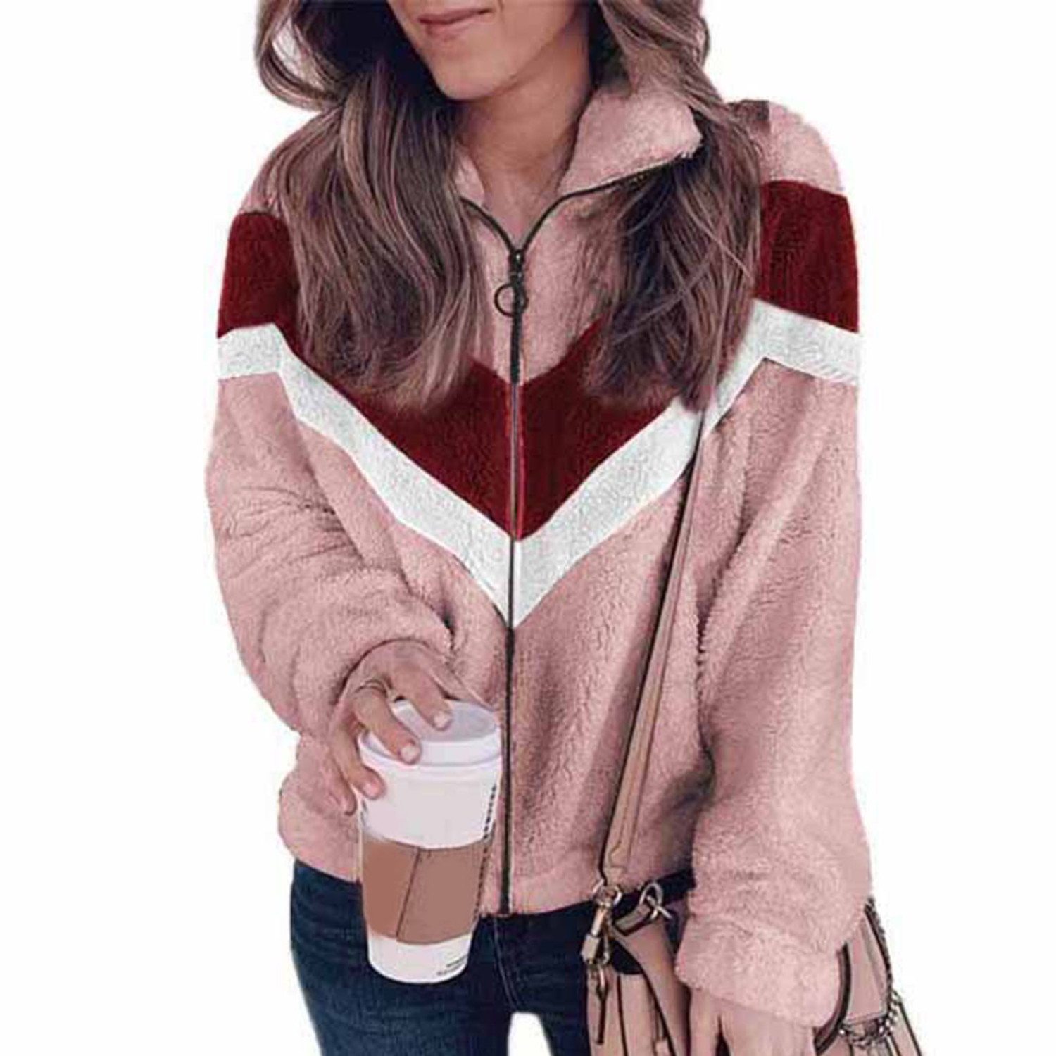Plush Zipper Stand Collar Long Sleeves Solid Color Jacket
