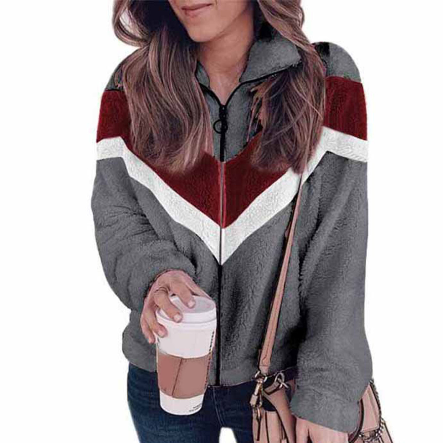 Plush Zipper Stand Collar Long Sleeves Solid Color Jacket