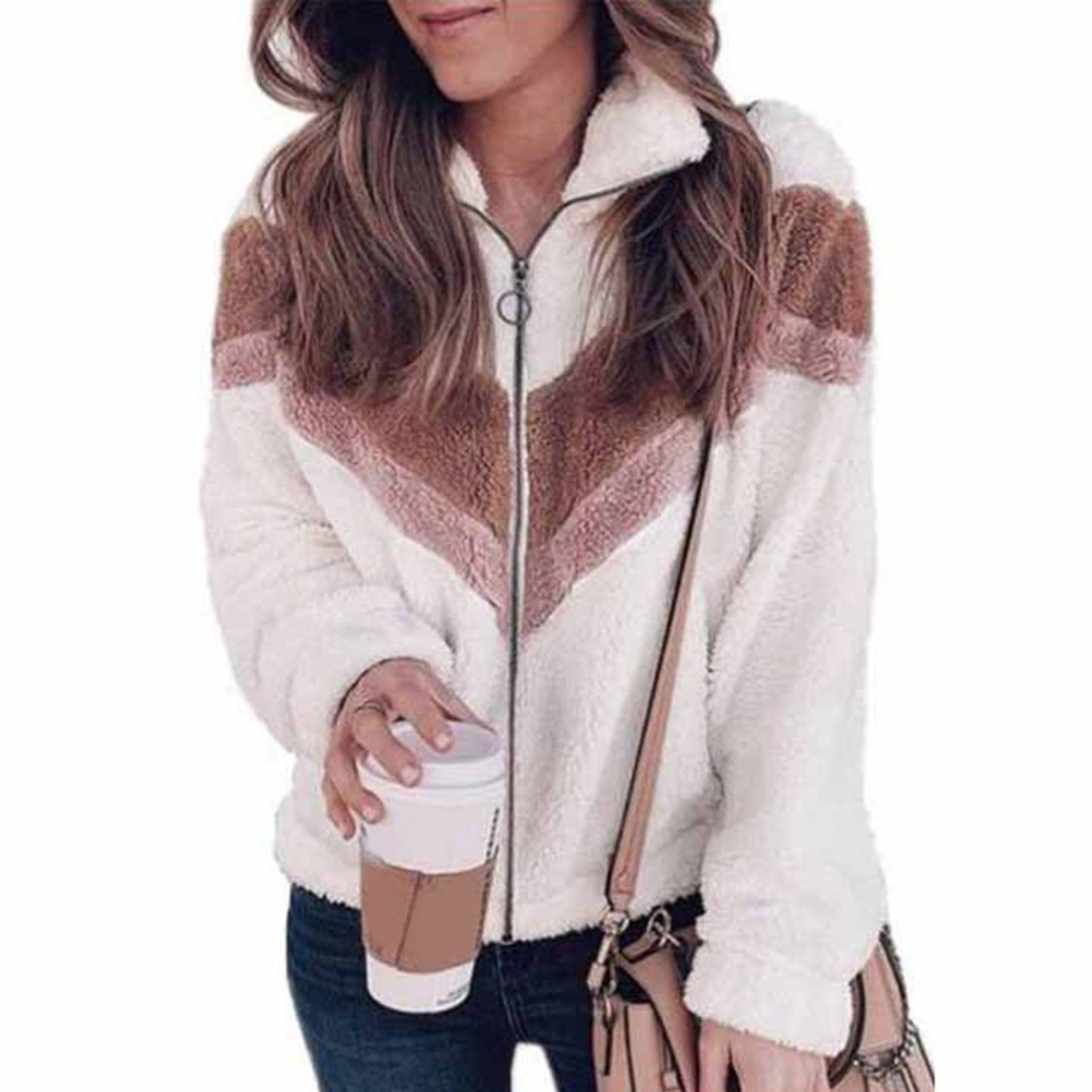 Plush Zipper Stand Collar Long Sleeves Solid Color Jacket