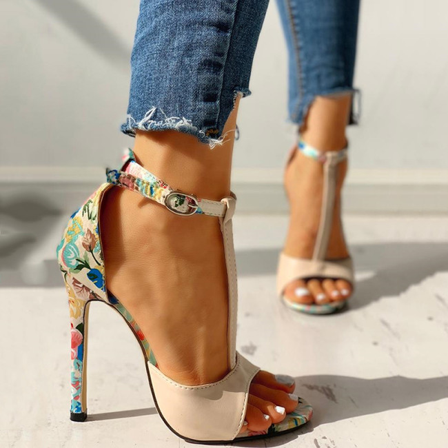 Sexy Women T Strap Print Fashion Open Toe Party Heels