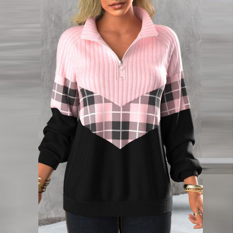 Women Crew Neck Zipper Color Block Patchwork Sweater