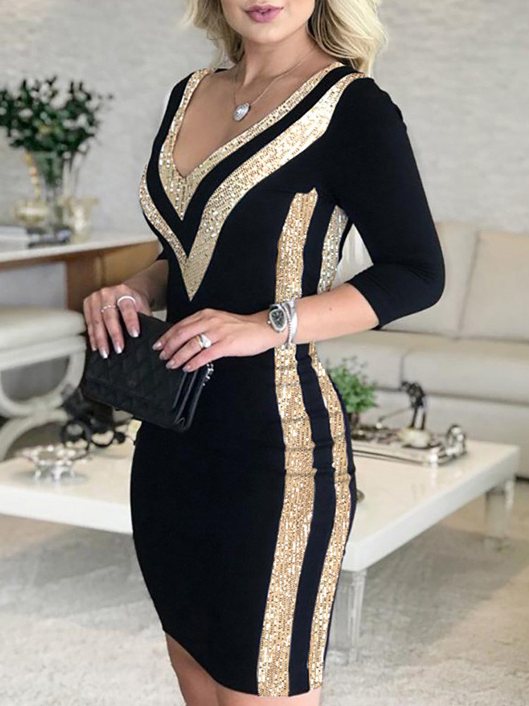 Striped Sexy V Neck Long Sleeve Party Bodycon Dress