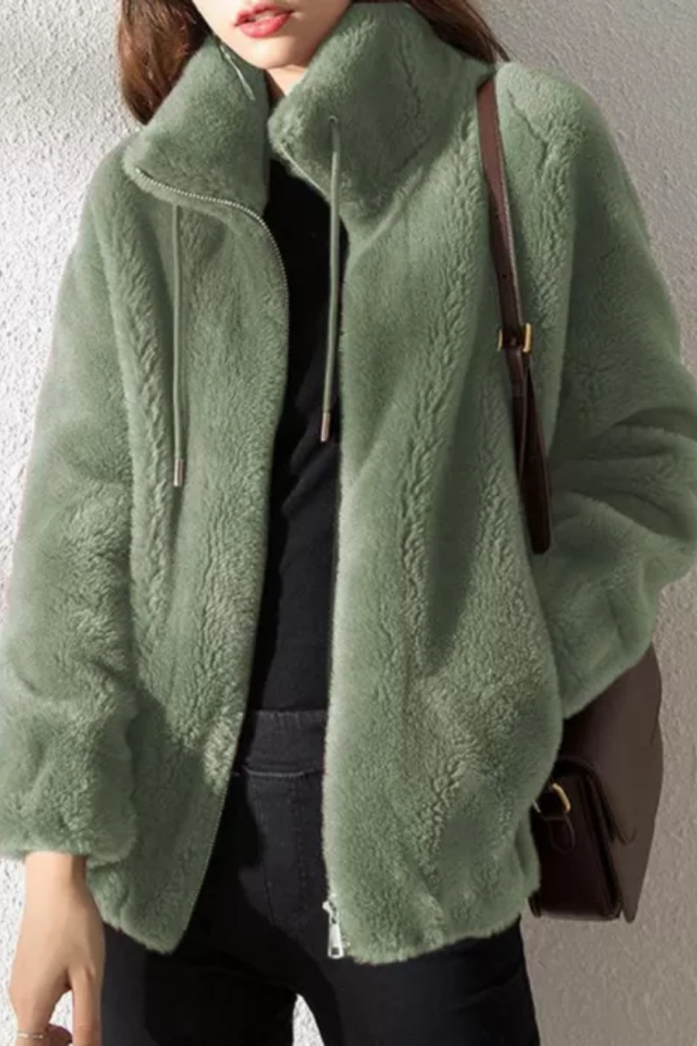Plush Zipper Stand Collar Long Sleeves Solid Color Jacket