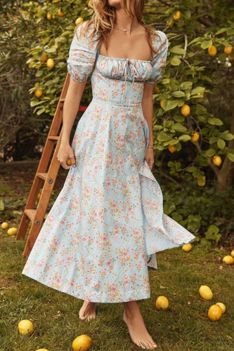 Floral Print Wrap Dress Boho V Neck Long Sleeve Maxi Dress Womens