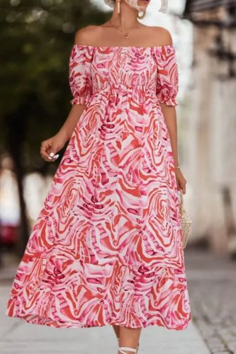 Fashion Print Boho Off Shoulder Elegant Swing Party Maxi Dress
