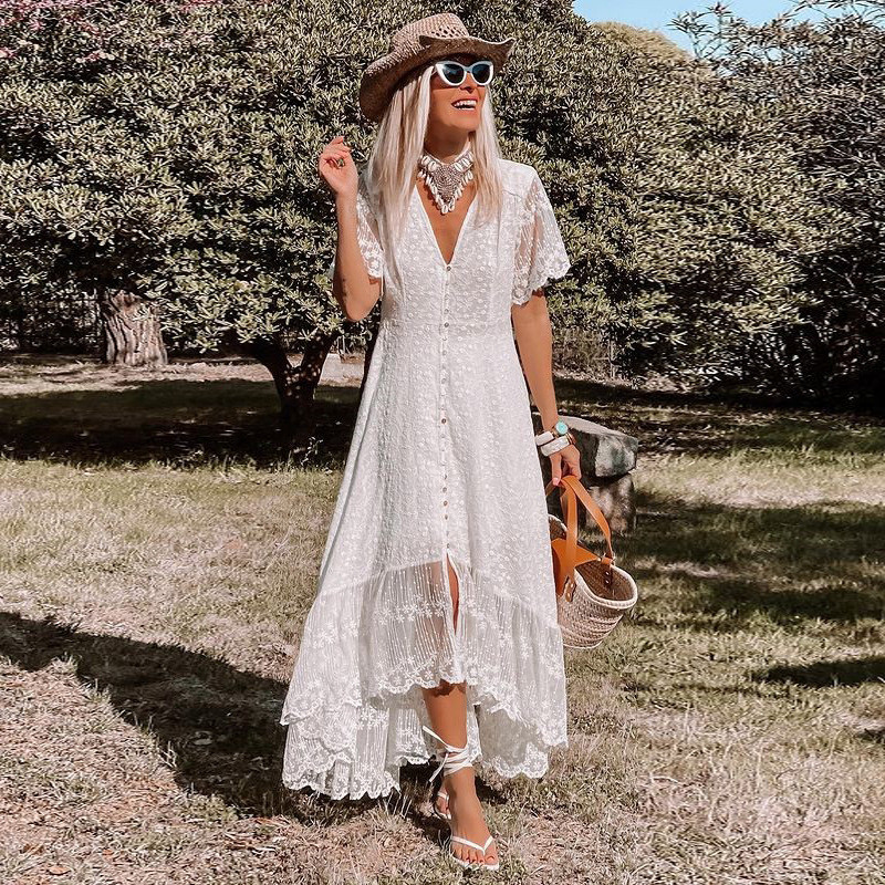 Women Solid Floral Short Sleeve Bohemian Maxi Dress