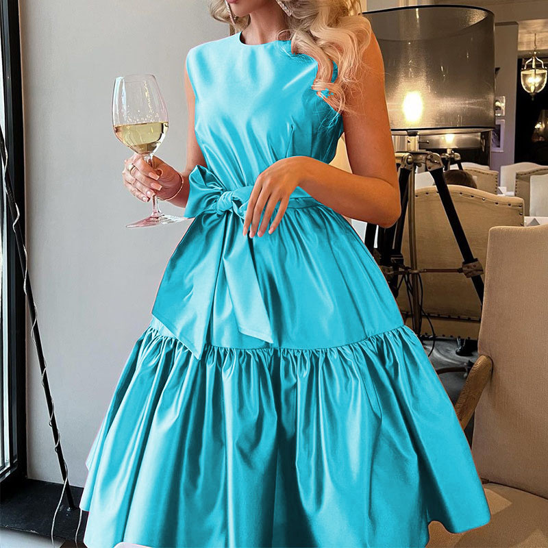 Fashion Sexy Solid Color Sleeveless O Neck Bow Elegant Prom Maxi Dress